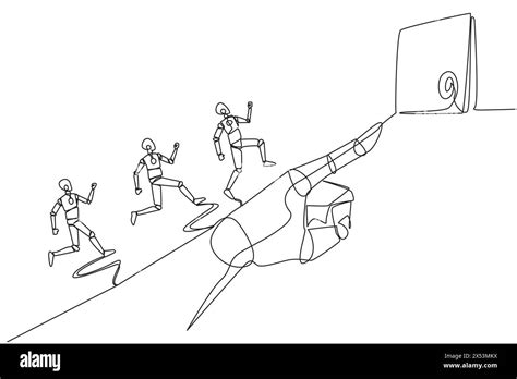 Single One Line Drawing 3 Robots Running On Giant Robot Hand Whose Finger Is Pointing At Round