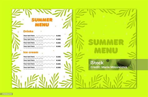 오렌지 그린 브로셔 샘플 텍스트와 메뉴 템플릿 손으로 열 대 잎을 그리는 벡터 그림 공간을 복사합니다 여름의 특별 메뉴