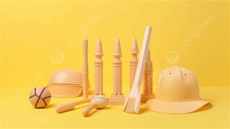 충분한 복사 공간이 있는 파스텔 노란색 배경에 표시되는 배트 볼 위켓 스텀프 및 헬멧을 포함하여 3d의 크리켓 장비 크리켓 팀