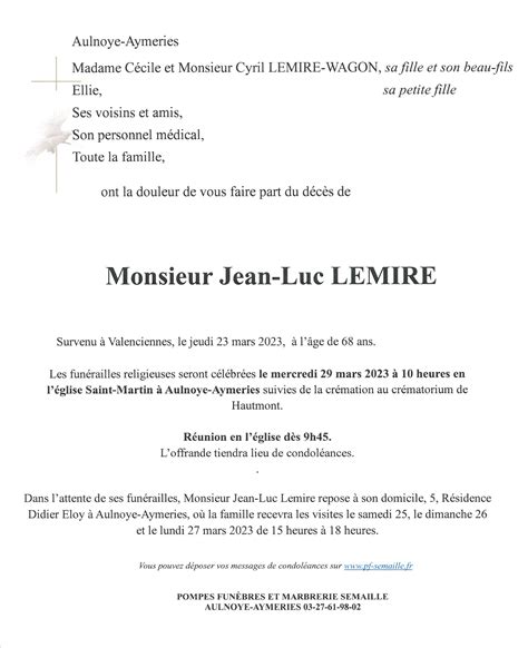 Avis De Décès De Jean Luc Lemire Pompes Funèbres Semaille