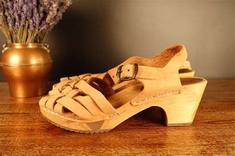 Platform Shoes Vintage Wooden Clog Sandals Tan Brown Leather Wooden Sandals Swedish Wooden Clogs