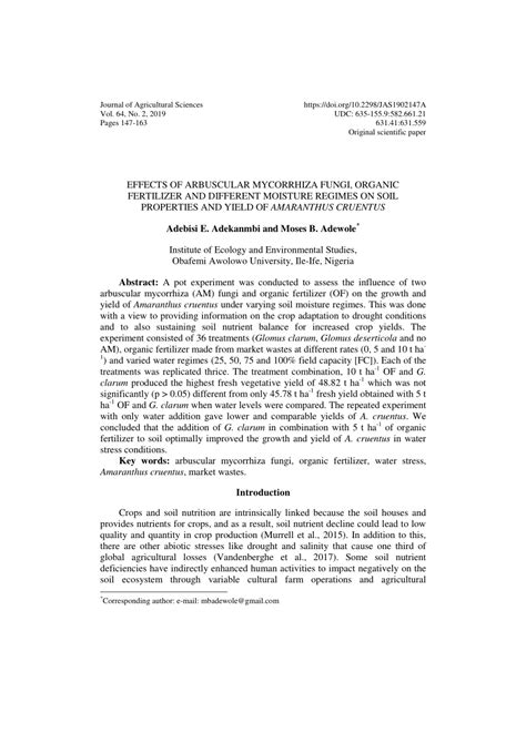 Pdf Effects Of Arbuscular Mycorrhiza Fungi Organic Fertilizer And Different Moisture Regimes
