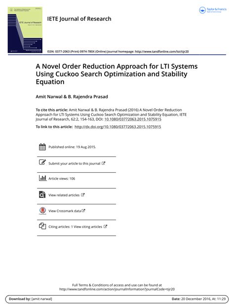Pdf A Novel Order Reduction Approach For Lti Systems Using Cuckoo Search Optimization And