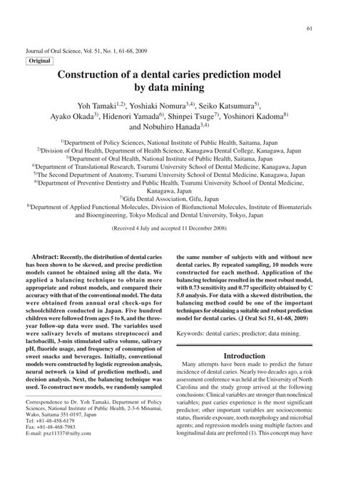 Pdf Construction Of A Dental Caries Prediction Model By Data Mining