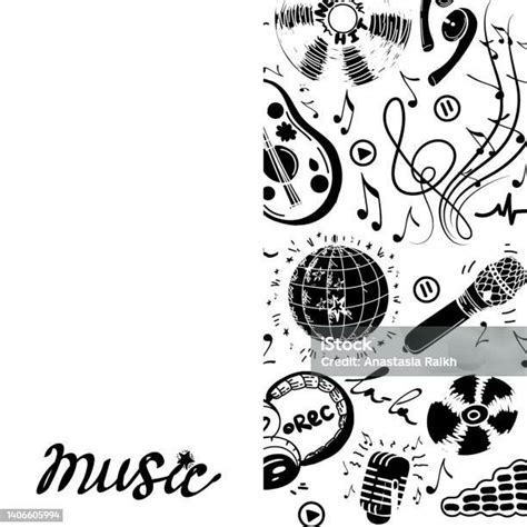 음악 요소가있는 템플릿 스케치 스타일로 손으로 그린 낙서 필기 비문 기타 또는 우쿨렐레 헤드폰 마이크 악보 및 녹음 아이콘이있는 고음 클레프 락가수에 대한 스톡 벡터 아트
