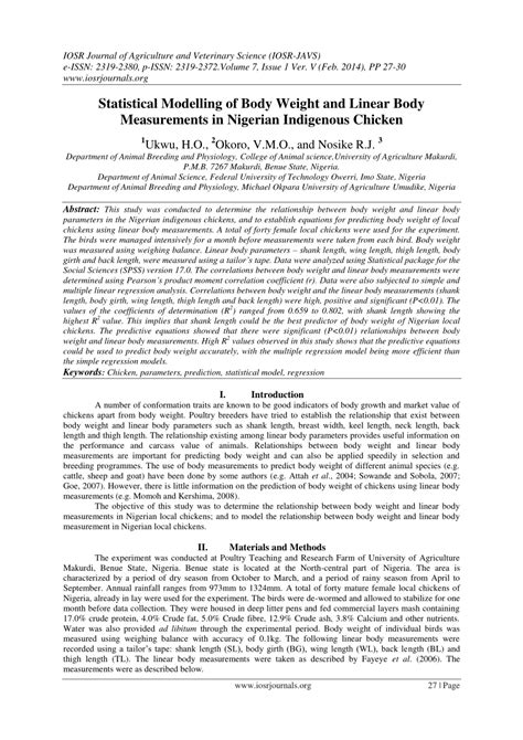 Pdf Statistical Modelling Of Body Weight And Linear Body Measurements In Nigerian Indigenous