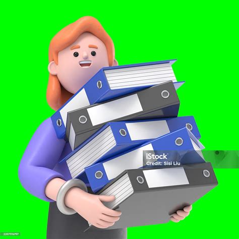 유럽 사업가 엘렌 의 3d 일러스트레이션은 많은 파일로 과로했으며 그린 스크린은 푸티지 및 클리핑 경로를 위해 그린 스크린에서 렌더링mockup3d 3차원 형태에 대한 스톡