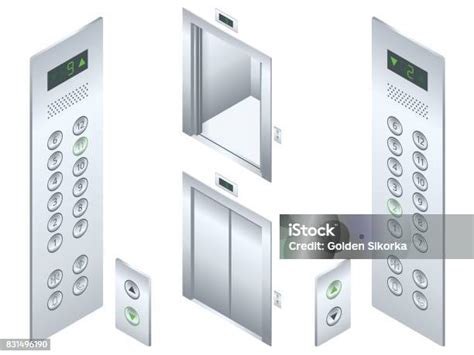 절연 평면 그림 오픈 및 닫힌된 크롬 사무실 건물 엘리베이터 문을 현실적인 홀 인테리어 금속 패널 단추 아이소메트릭 엘리베이터