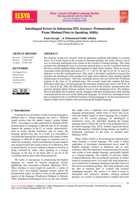 Pdf Interlingual Errors In Indonesian Efl Learners Pronunciation From Minimal Pairs To