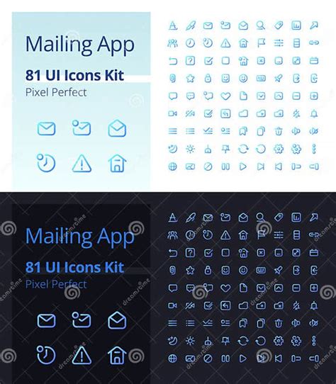 Mailing App Pixel Perfect Gradient Linear Ui Icons Kit For Dark Light Mode Stock Vector
