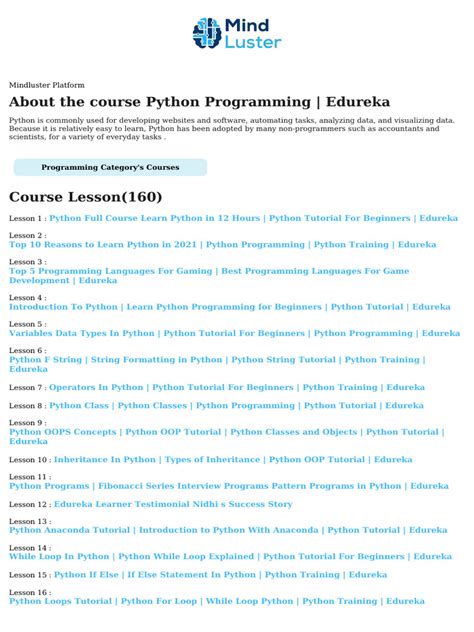 Python Programming Edureka Course Content Pdf Python Programming Language Machine Learning