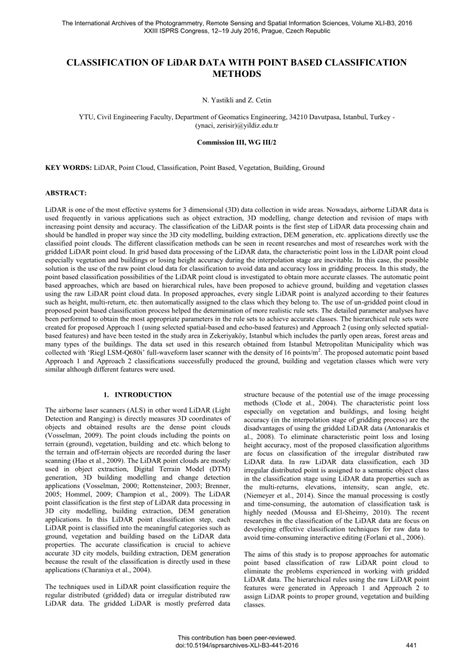 PDF CLASSIFICATION OF LiDAR DATA WITH POINT BASED CLASSIFICATION METHODS