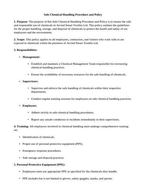 Safe Chemical Handling Procedure And Policy Pdf