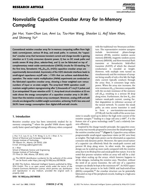 Pdf Nonvolatile Capacitive Crossbar Array For In‐memory Computing
