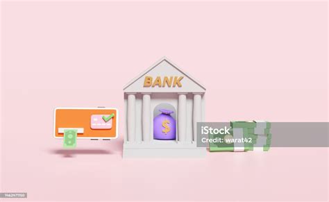 휴대 전화 은행권 체크 표시 신용 카드 은행 또는 세무서 건물이 분홍색 배경에 격리되어 있습니다atm 기계 거래 개념 3d 그림