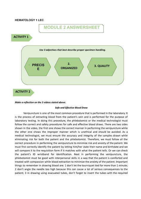 Hematology 1 Module 2 Answersheet Hematology 1 Lec Make A Reflection