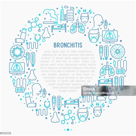 기관지염 증상 및 치료의 얇은 선 아이콘 원에서 개념 두통 치조 흡입기 분무기 청진 기 온도계 X 선 침대 휴식 벡터 일러스트입니다 X 레이 장비에 대한 스톡 벡터 아트 및