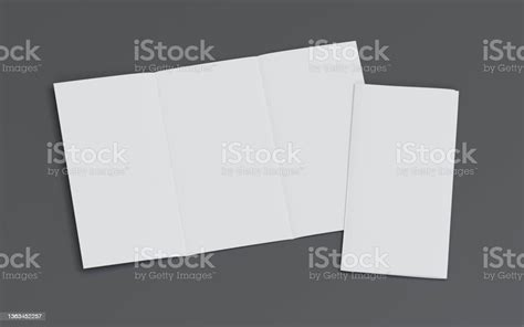 회색 배경 3d 렌더링 그림에 트리 폴드 전단지 브로셔 흰색 템플릿 종이 팸플릿에 대한 스톡 사진 및 기타 이미지 팸플릿