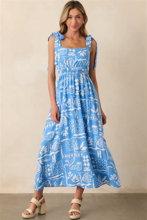 Blue Tropical Print Maxi Dress Vacation Ready Red Dress