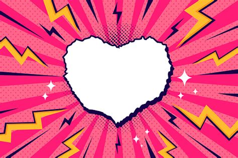 밝은 팝 아트 만화 표지 와 지그재그 천둥 번개 광선 및 점 레트로 스타일 동적인 배경 와 비어있는 찢어진 종이 하트 모양 에 대한 텍스트 0명에 대한 스톡 벡터 아트 및