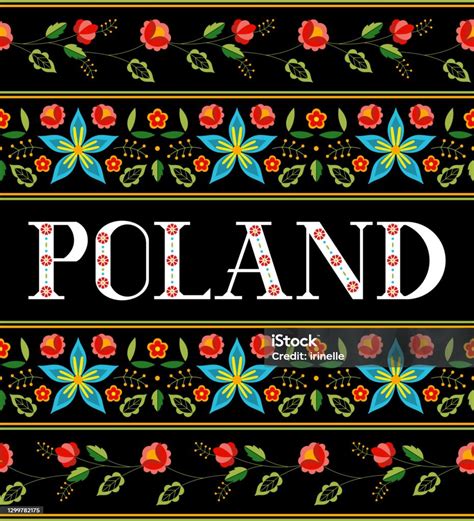 폴란드 배경 벡터 관광 카드 기념품 전단지 디자인 여행 배너를 위한 폴란드자 장식으로 전통적인 꽃무늬가 있는 블랙 일러스트 개념에 대한 스톡 벡터 아트 및 기타 이미지