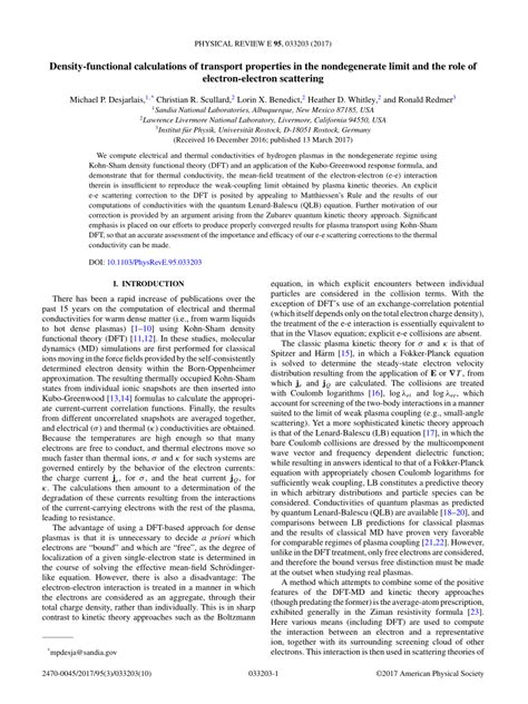 Pdf Density Functional Calculations Of Transport Properties In The Non Degenerate Limit And