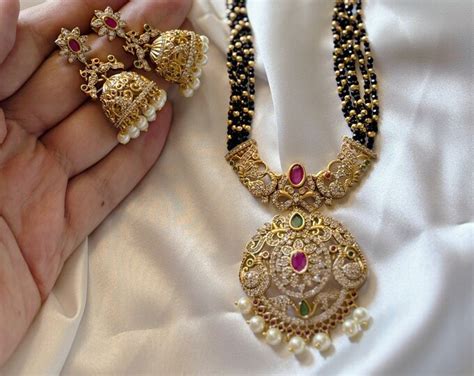 1 Gram Gold Maala Set Indian Jadau Earrings Necklace Black Beaded