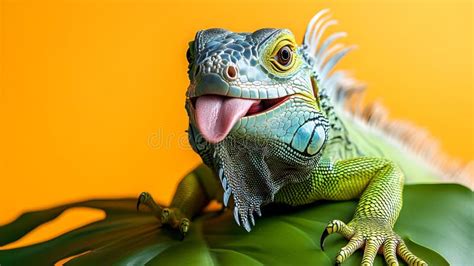 Smiling Green Iguana On Leaf With Tongue Out Stock Illustration