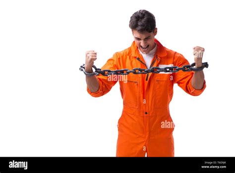 Prisoner With His Hands Chained Isolated On White Background Stock