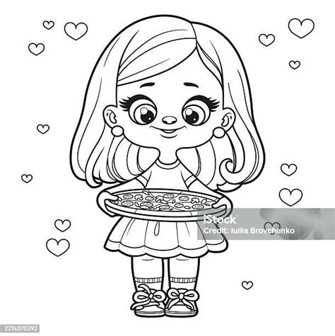 손에 피자를 들고 있는 귀여운 만화 소녀는 흰색 배경에 색칠 공부 페이지를 위해 윤곽을 잡았습니다 귀여운에 대한 스톡 벡터 아트 및 기타 이미지 Istock