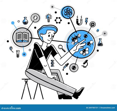 Scientist Discovering Science Theory And Making Experiments Vector Outline Illustration