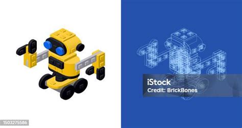 인쇄 및 디자인을 위해 등각 투영 스타일의 플라스틱 블록으로 조립 된 프로젝트가있는 노란색 로봇 세트 벡터 그림입니다 건설