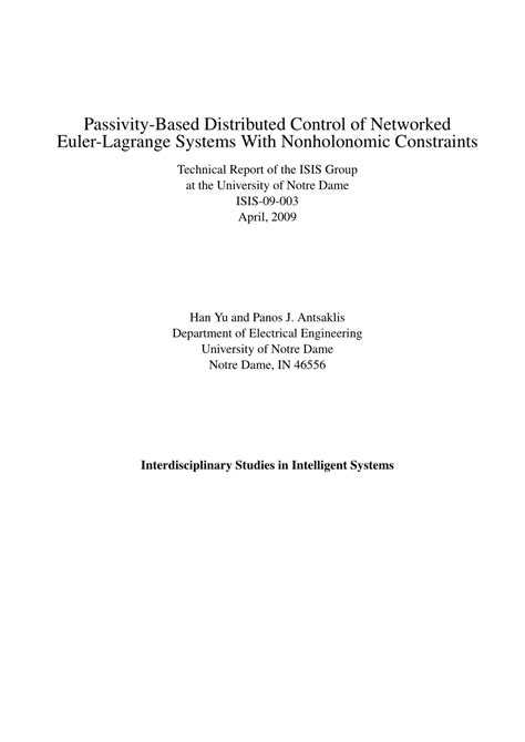 Pdf Passivity Based Distributed Control Of Networked Euler Lagrange
