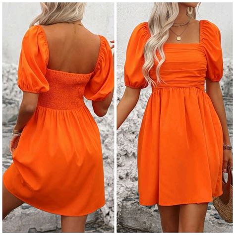 Dresses New Chic Ruched Puffed Sleeve Short Dress Orange Poshmark