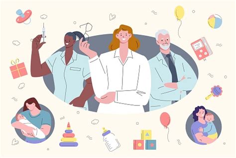 산부인과 체외 수정 개념 의사 팀과 행복한 엄마는 아기를 안고 있습니다 태어난 아기 출산 또는 부모가되는 아기 여성 가정 의학 벡터 문자 생식력에 대한 스톡 벡터 아트 및