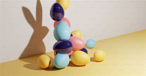 추상 봄 부활절 개념입니다 토끼 모양의 그림자를 드리우는 장식된 부활절 달걀 무리 3d 일러스트레이션 개념입니다 사진
