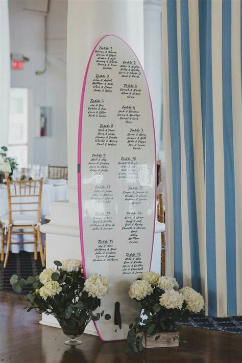 Seating Assignments Written On A White And Pink Surfboard Seating