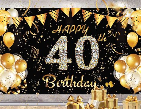40th Birthday Banner Backdrop Decorations For Men Women Black Gold Happy 40 Year Old Birthday