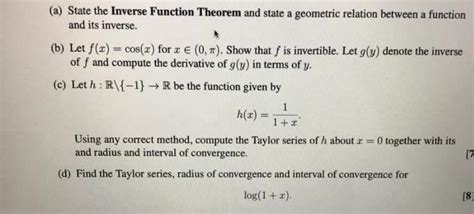 Solved A State The Inverse Function Theorem And State A Chegg Com