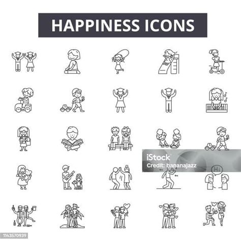 행복 라인 아이콘 기호 설정 벡터 행복의 개요 개념 그림 행복 미소 재미 얼굴 세트 개념에 대한 스톡 벡터 아트 및 기타 이미지 Istock