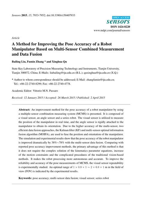 Pdf A Method For Improving The Pose Accuracy Of A Robot Manipulator Based On Multi Sensor
