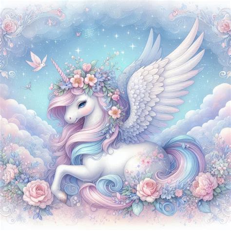 Cute Watercolor Purple And Pink Magical Unicorn With Pastel Flowers