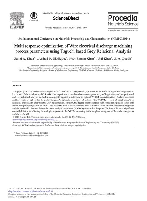 Pdf Multi Response Optimization Of Wire Electrical Discharge Machining Process Parameters