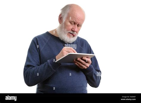 Funny Old Man Using Tablet Computer Isolated On White Stock Photo Alamy
