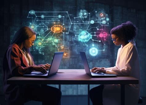 Premium Photo Two Female Chemists Analyzing Data On Laptops Amidst