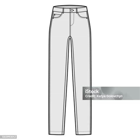 스키니 진 데님 팬츠 테크니컬 패션 일러스트로 전체 길이 노멀 웨이스트 하이라이즈 커브드 코인 5 포켓 0명에 대한 스톡 벡터 아트 및 기타 이미지 Istock