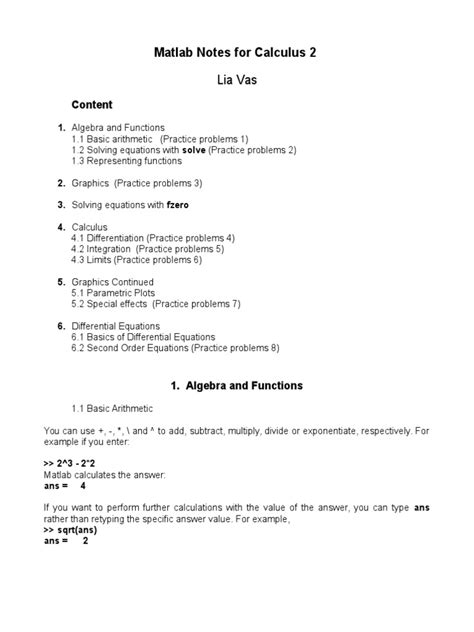 Matlab Notes For Calculus 2 Lia Vas Pdf Ordinary Differential Equation Equations