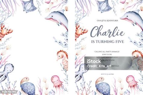 수중 베이비 샤워 템플릿 푸른 수채화 잠수함 바다 물고기 거북이 고래 및 산호 쉘 수족관 배경 해상 스노클링 다이빙 돌고래 해양 일러스트레이션 해파리 불가사리 바닷속에 대한