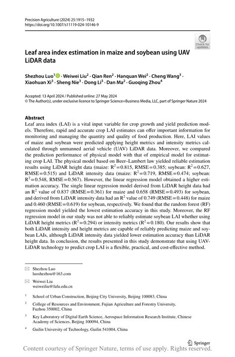 Leaf Area Index Estimation In Maize And Soybean Using Uav Lidar Data Request Pdf