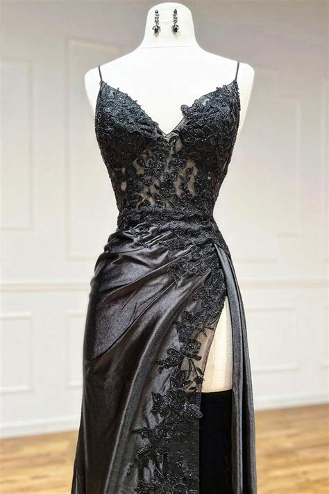 Black V Neck Lace Long Formal Dress Black Spaghetti Strap Evening Gow